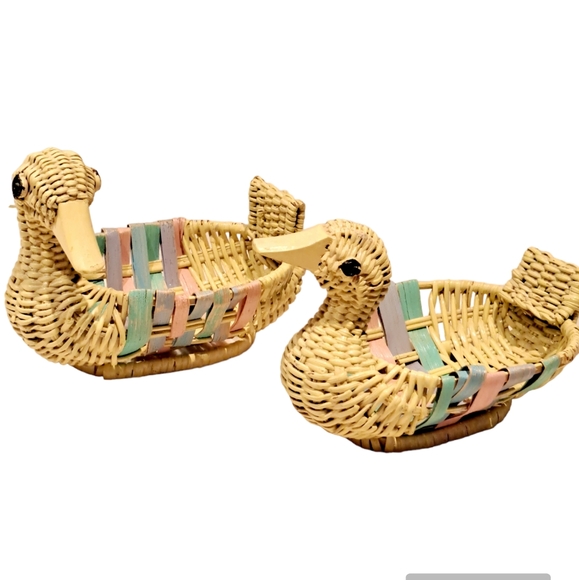 Accents | Two Vintage Wicker Ducks Wooden Bill Painted Baskets ...